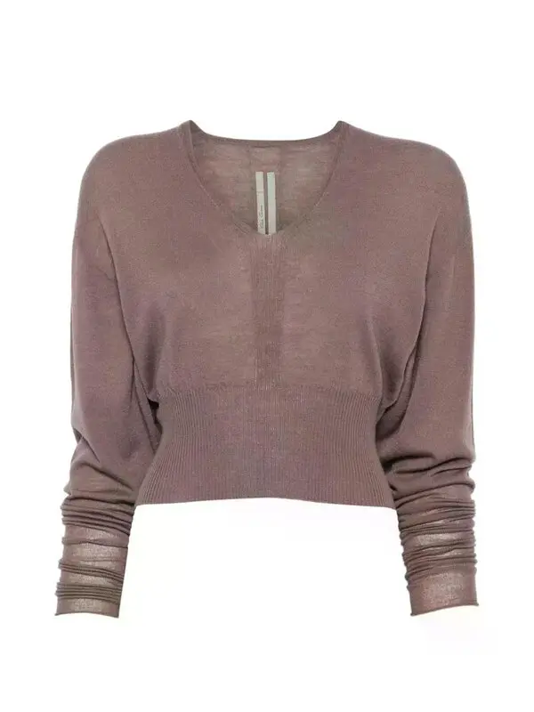 Rick Owens V-neck Cropped Ribbed Knit Sweater - Brown