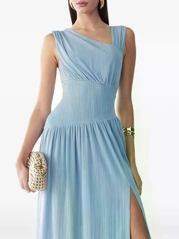 BWLDR Riah Asymmetric Neck Pleated Maxi Dress - Blue