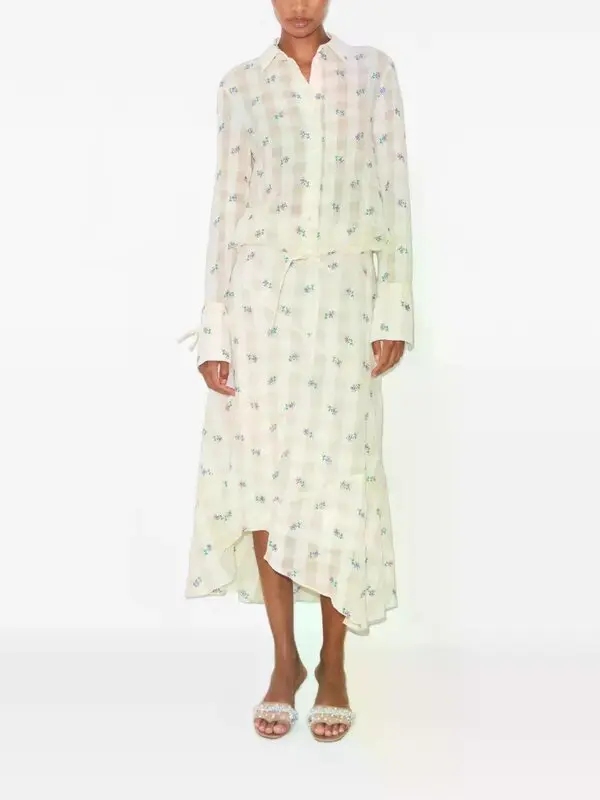 Tory Burch Embroideredv Gingham Drawstring-waist Blouse - Neutrals
