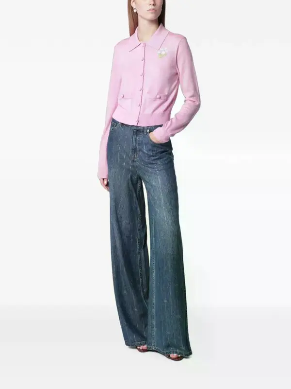 SELF-PORTRAIT Rhinestone Embellished Bow Print Wide Leg Jeans