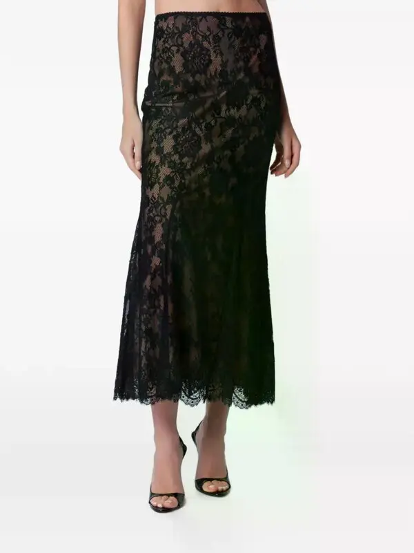 SELF-PORTRAIT Lace-overlay Scalloped-edge Midi Skirt - Black