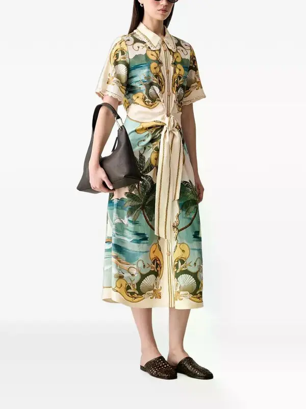 Farm Rio Graphic-print Knot-detail Midi Dress - Neutrals