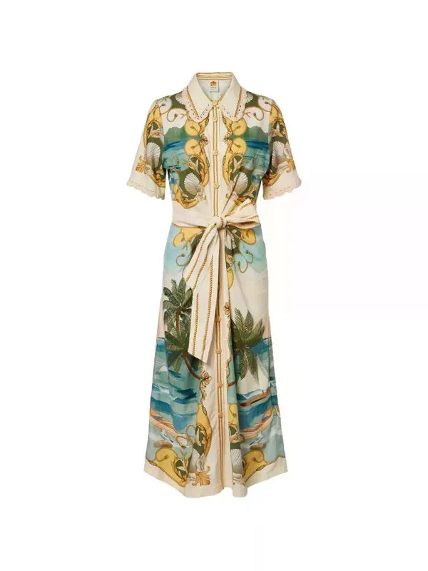 Farm Rio Graphic Print Knot-detail Midi Dress - Neutrals