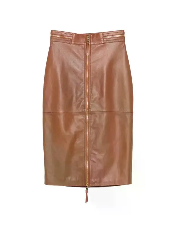Elisabetta Franchi Leather Zip Detail Midi Pencil Skirt - Brown