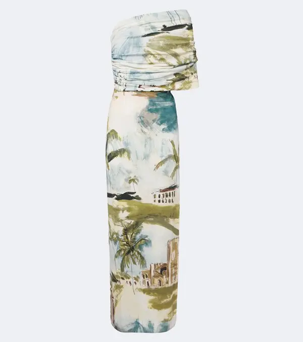 Oscar De La Renta Printed Draped One-shoulder Jersey Gown - Multicoloured