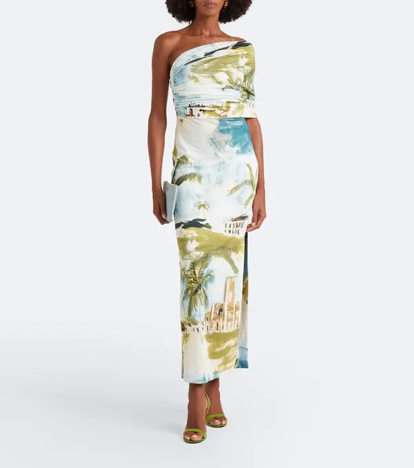 Oscar De La Renta Printed Draped One-shoulder Jersey Gown - Multicoloured