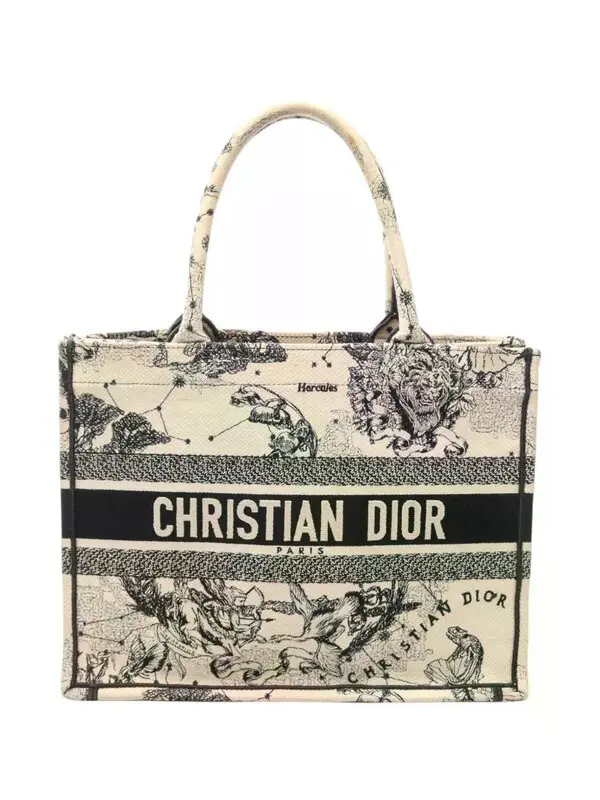 Dior 2000-2026 Medium Canvas Embroidered Zodiac Toile De Jouy Book Tote Bag - White