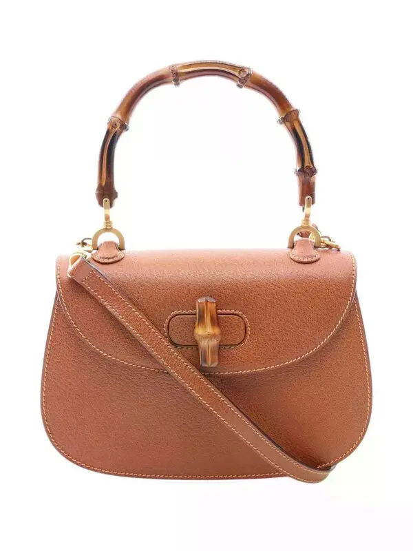 Gucci 20th Century Small Grained Calfskin Bamboo Top Handle Bag Satchel - Brown
