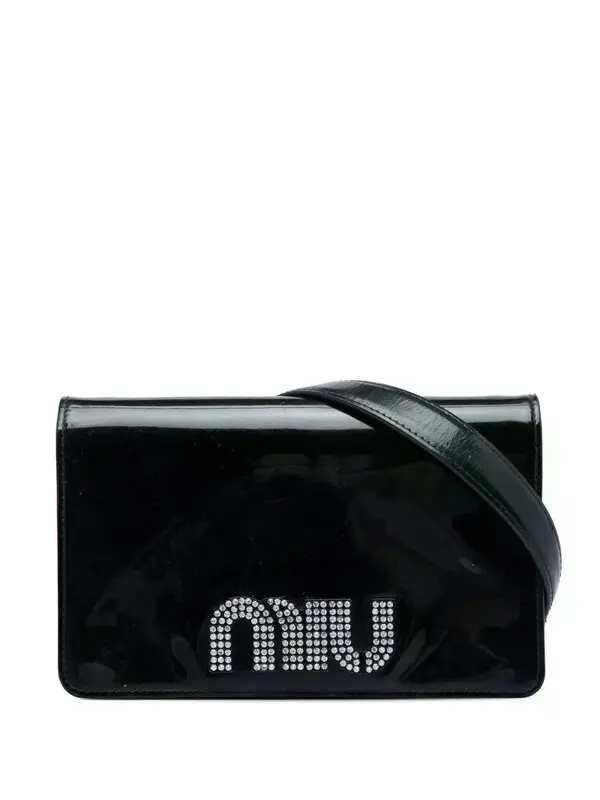 Miu Miu 2010-2026 Patent Crystal Embellished Logo Wallet On Chain Crossbody Bag - Black