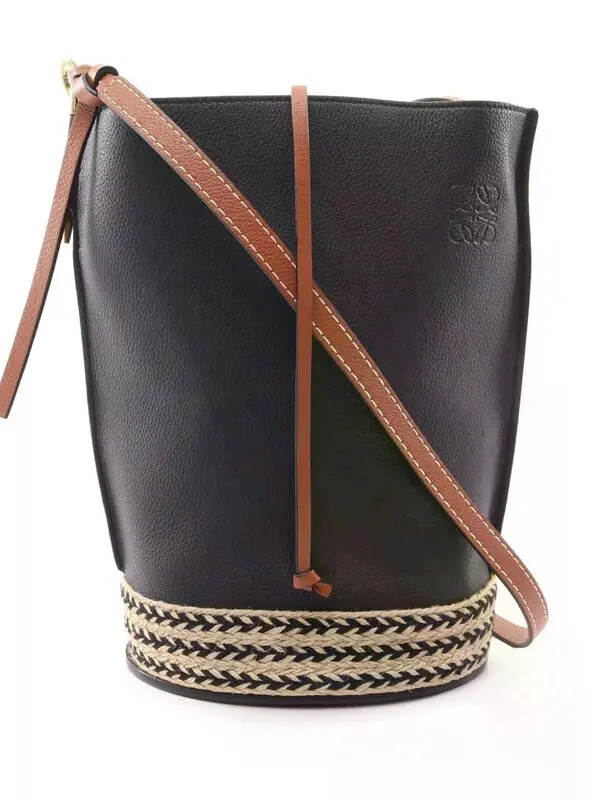 Loewe 2010-2026 Raffia Trimmed Leather Anagram Gate Bucket Bag - Black