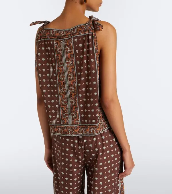 DÔEN Amalia Printed Cotton Voile Top With Tie Shoulder Straps - Brown