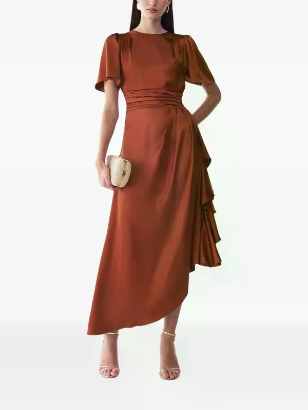 WILLA Ruffled Satin Midi Dress - Brown