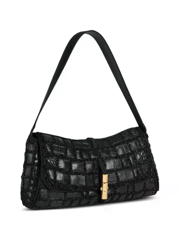 Balmain Metropolis Bag In Crocodile-effect Leather With Embroidery - Black