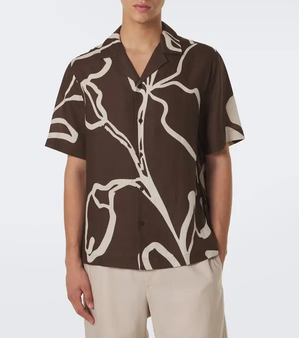 Frescobol Carioca Printed Linen Bowling Shirt - Brown