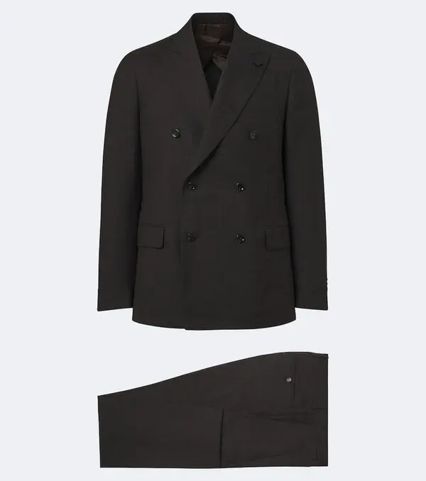LARDINI Checked Double-breasted Virgin Wool Suit - Brown