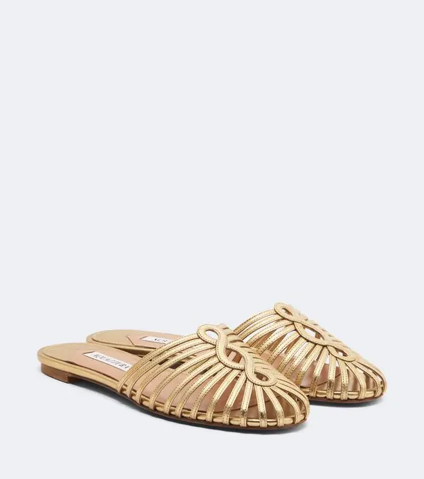 AQUAZZURA Sweet Surrender Metallic Leather Mules - Gold