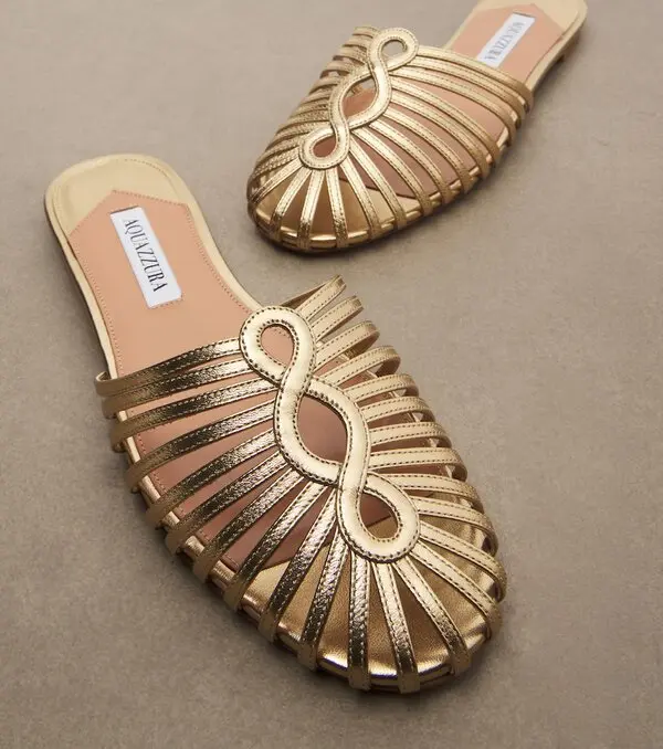 AQUAZZURA Sweet Surrender Metallic Leather Mules - Gold