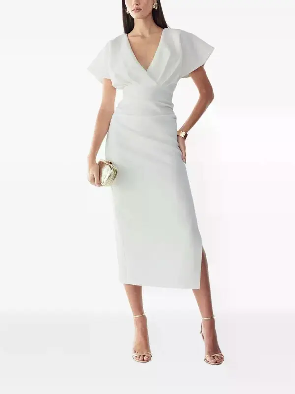 BWLDR Eliza V-neck Ruched Midi Dress - White