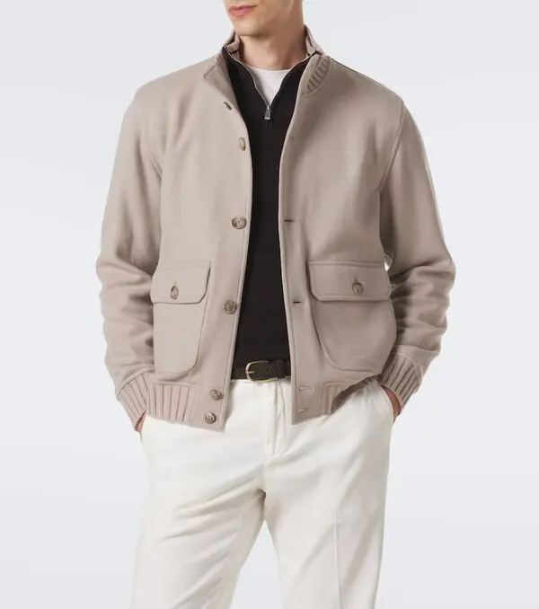 Fedeli Cashmere Bomber Jacket With Leather Details - Beige