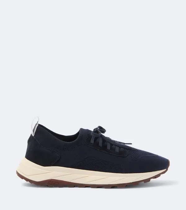 Fedeli Knitted Suede-trimmed Lace-up Sneakers - Blue