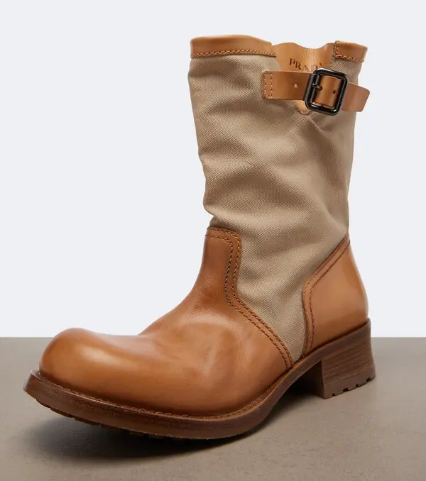 Prada Leather And Canvas Biker Boots