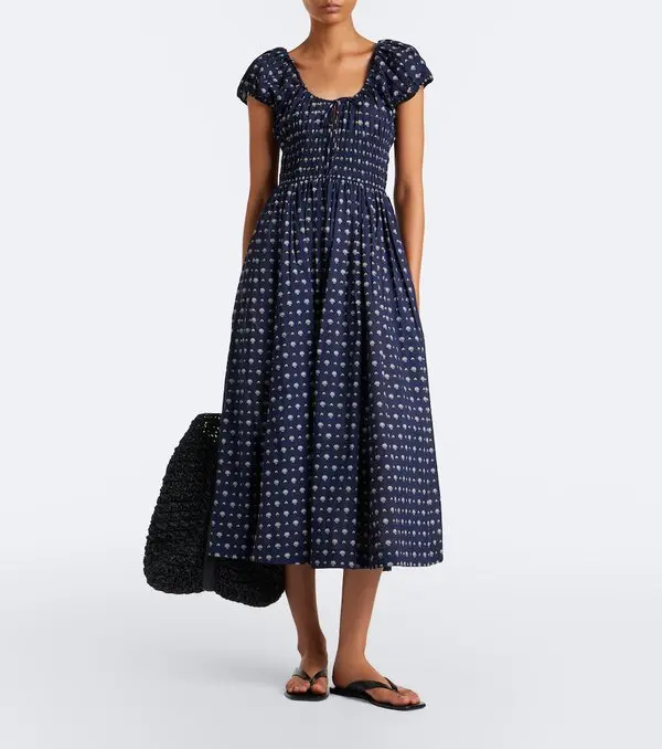 DÔEN Quinn Printed Cotton Poplin Midi Dress - Blue