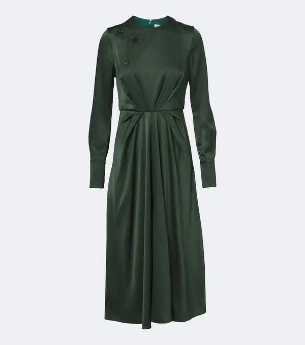 Erdem Floral-appliqu� Satin Seersucker Midi Dress - Green