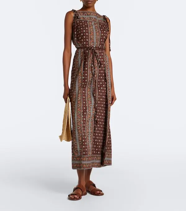DÔEN Amarante Printed Cotton Voile Midi Dress - Brown