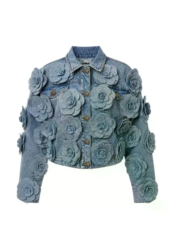 Philipp Plein Cropped Denim Jacket All-over Roses - Blue