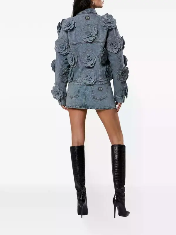 Philipp Plein Cropped Denim Jacket All-over Roses - Blue