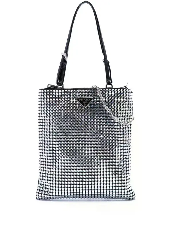Prada 2000-2013 Satin Crystal Embellished Chain Flat Tote Satchel - Black