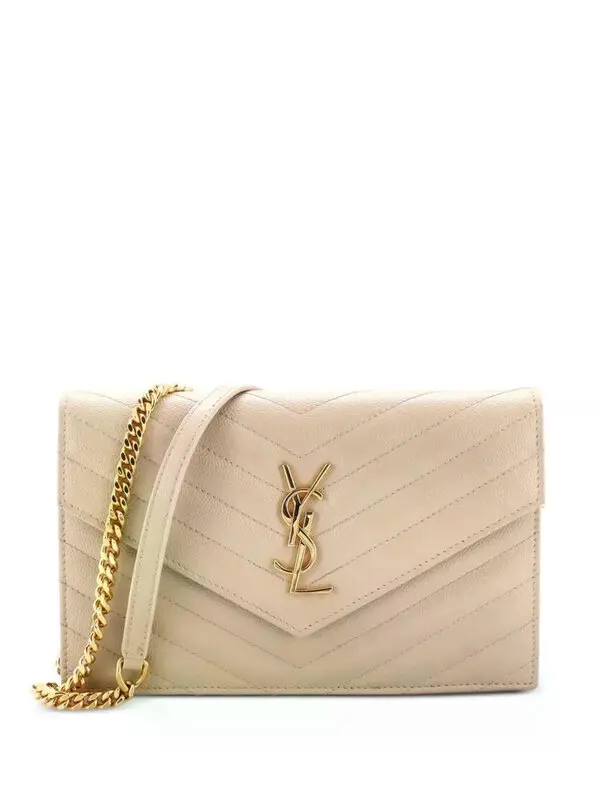 Saint Laurent Classic Monogram Wallet On Chain Matelasse Chevron Leather Small Crossbody Bag - Neutrals