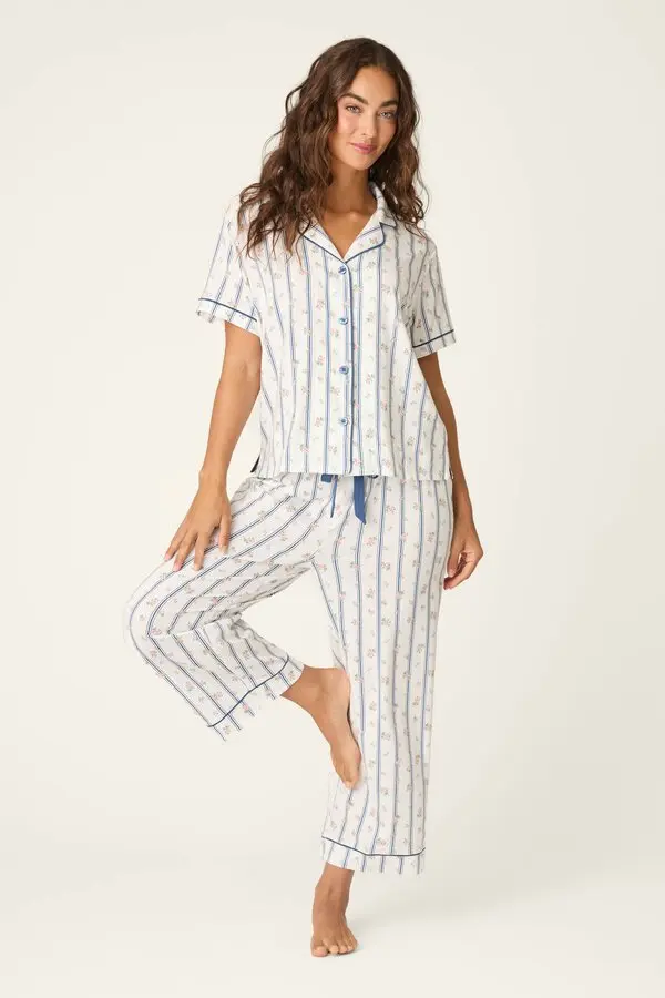 PJ Salvage Cotton Jersey Stripes & Blooms Cropped Pajama Set