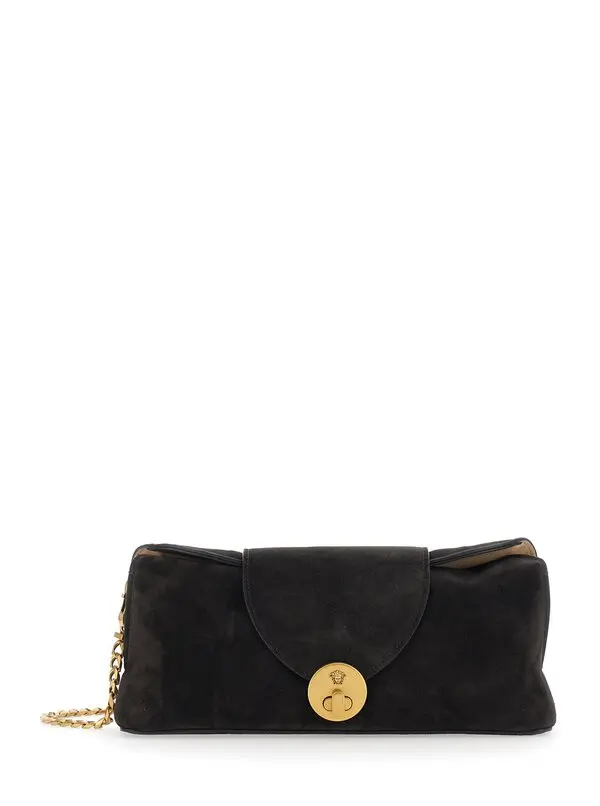 Versace Calf Leather Clutch With Turn Lock And Chain Strap - Brown