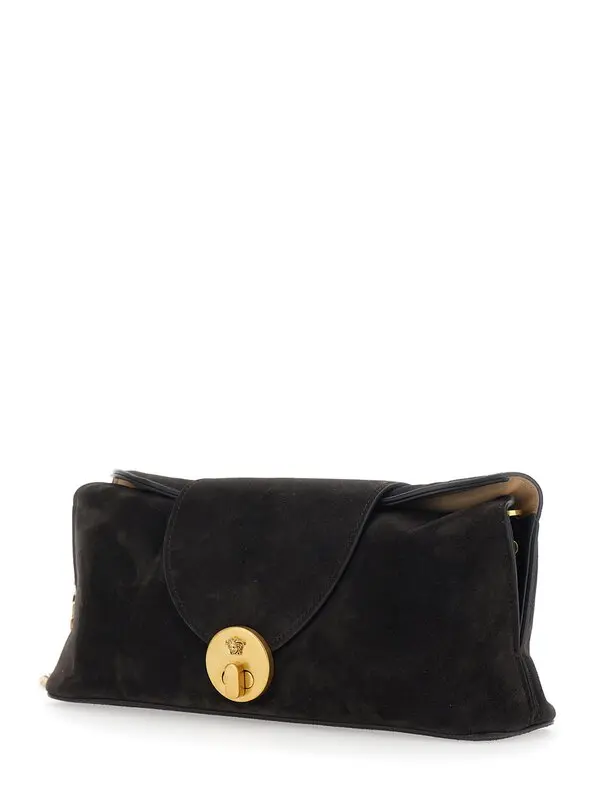 Versace Calf Leather Clutch With Turn Lock And Chain Strap - Brown