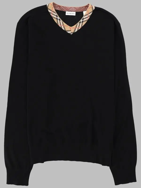 Burberry Maglia In Lana Merino Con Scollo Check - Black