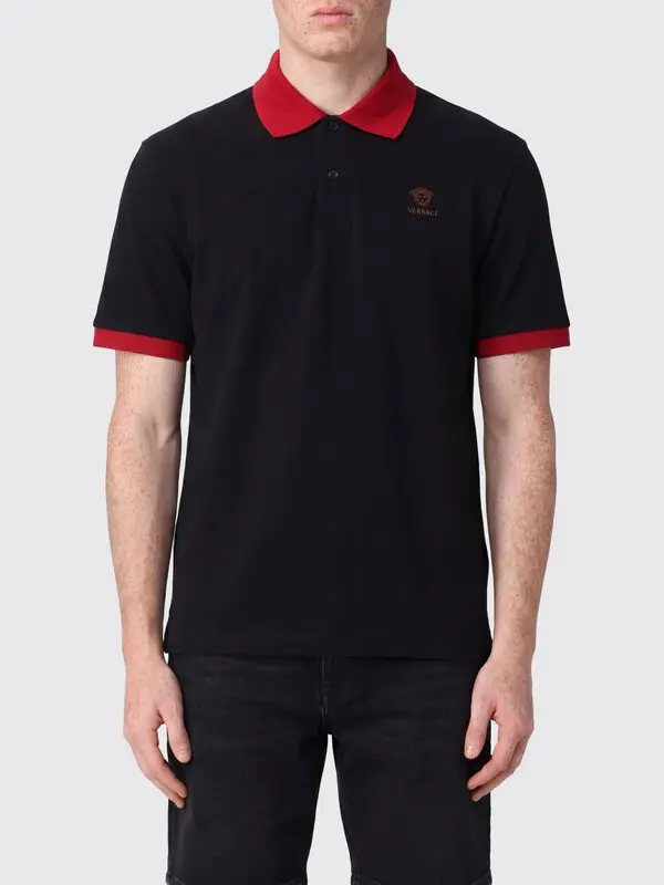 Versace Embroidered Medusa Logo Cotton Polo Shirt With Contrast Trims - Black