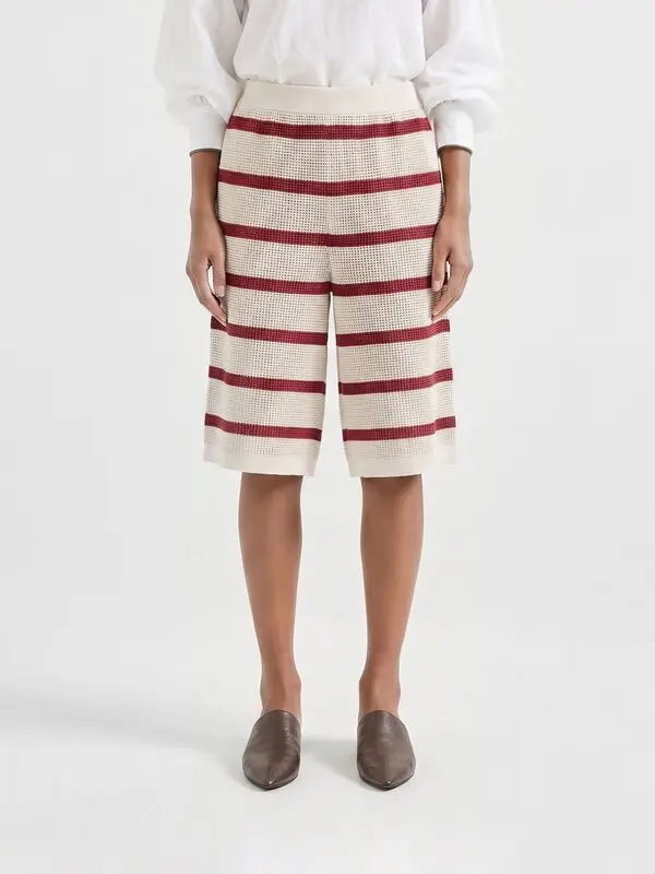 Brunello Cucinelli Striped High-waisted Crochet Cotton Bermuda Shorts - Beige