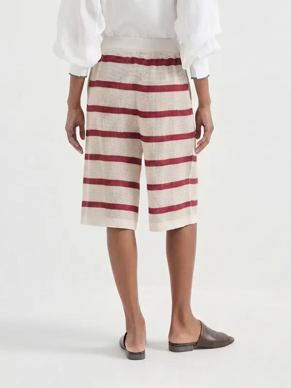 Brunello Cucinelli Striped High-waisted Crochet Cotton Bermuda Shorts
