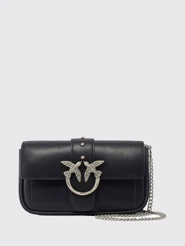 Pinko Love Bag One Mini Leather Crossbody Bag With Love Birds Logo - Black