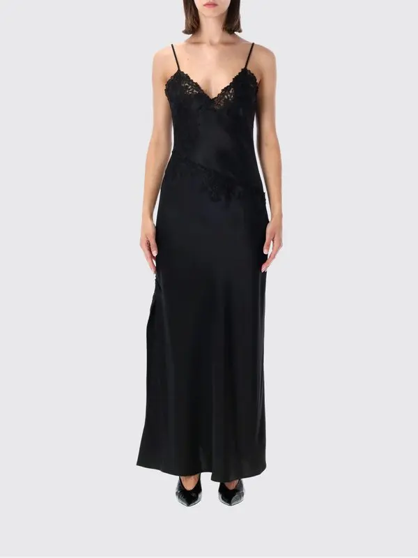 BY MALENE BIRGER Long Satin Slip Dress With V-neck And Lace Inserts - Black