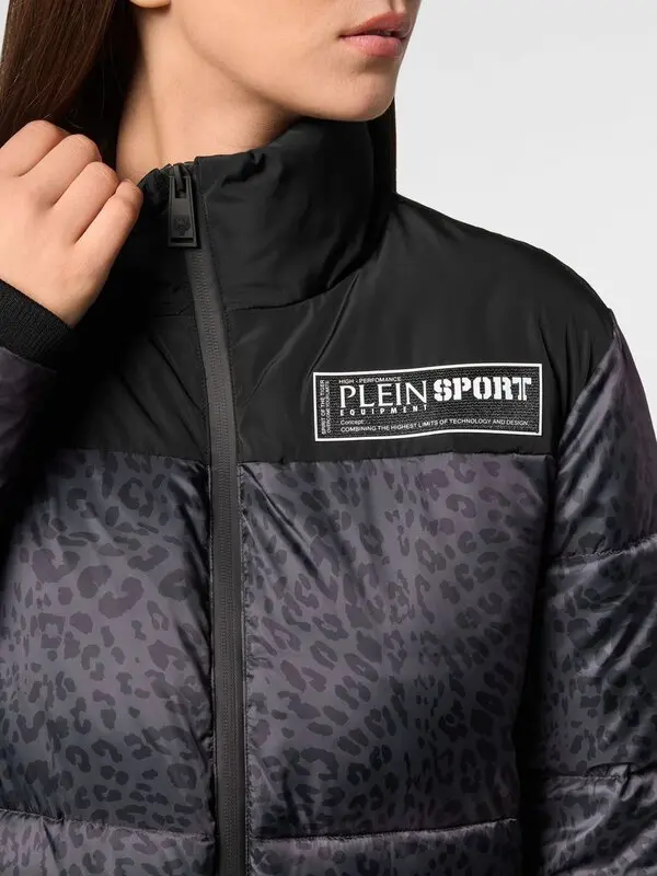PLEIN SPORT Animal Print Nylon Short Puffer Jacket With High Collar