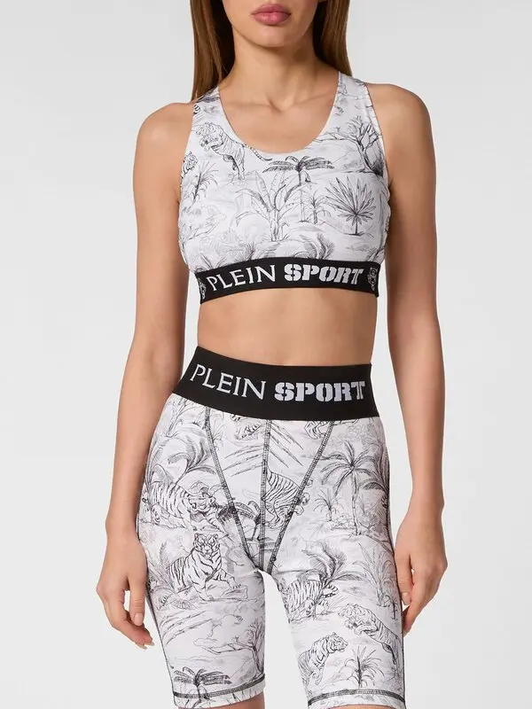 PLEIN SPORT Cropped Tropical Print Jersey Sports Top With Criss-cross Straps - White