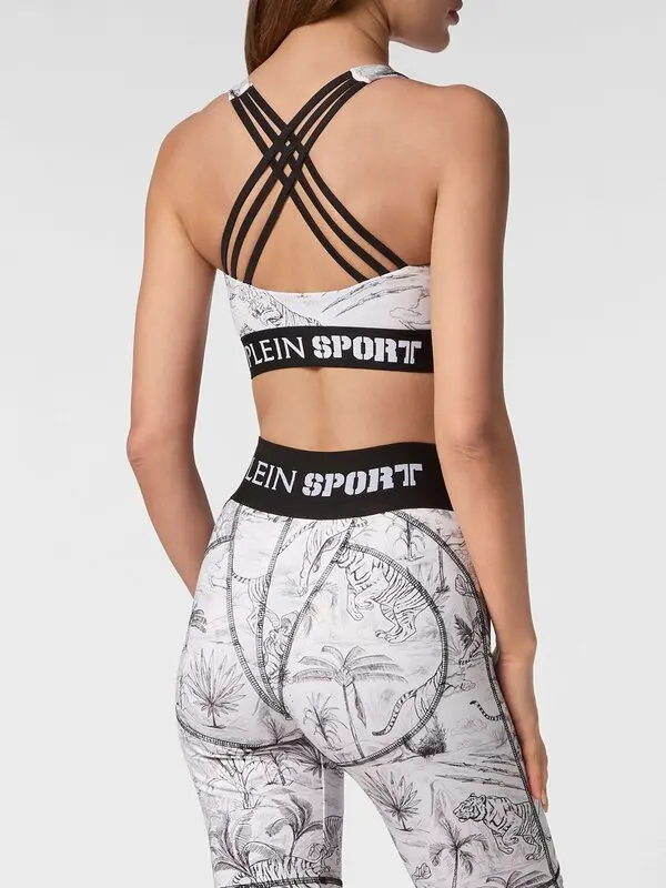 PLEIN SPORT Cropped Tropical Print Jersey Sports Top With Criss-cross Straps - White
