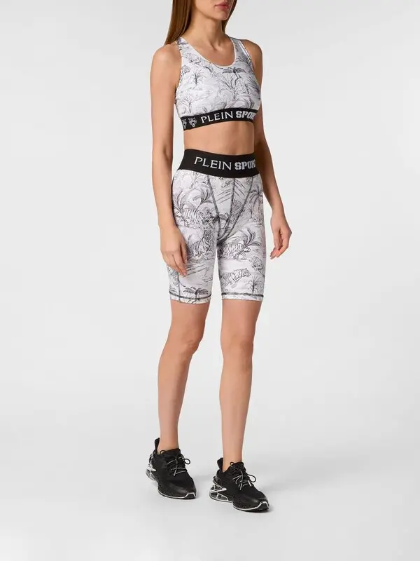 PLEIN SPORT Cropped Tropical Print Jersey Sports Top With Criss-cross Straps - White