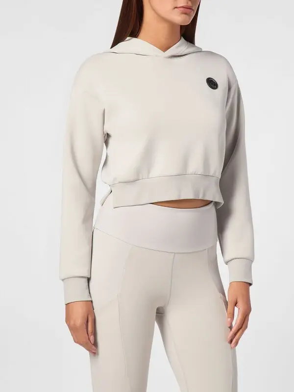 PLEIN SPORT Cropped Hooded Jersey Sweatshirt With Contrasting Logo - Grey