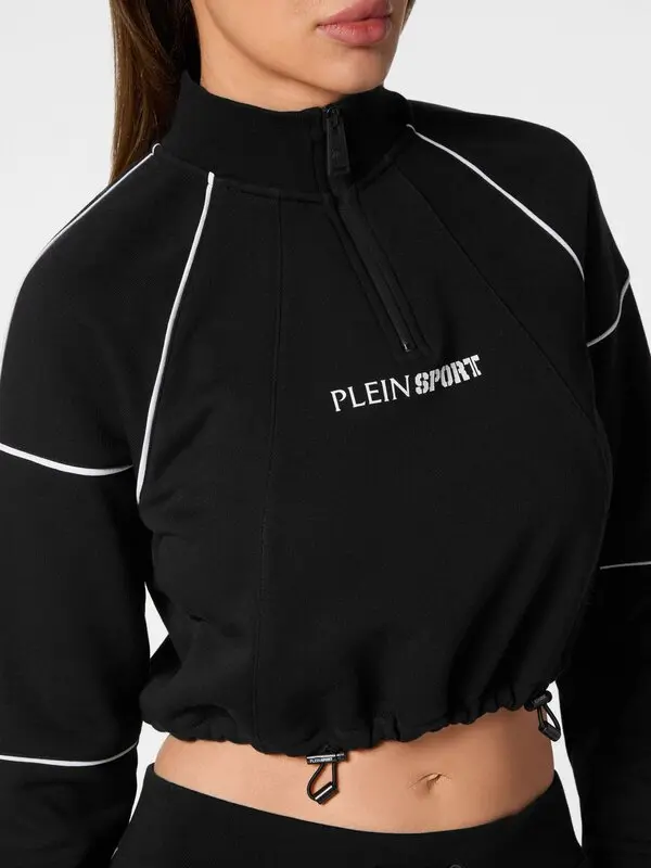 PLEIN SPORT Cropped Zip-up Jersey Sweatshirt With Funnel Neck - Black