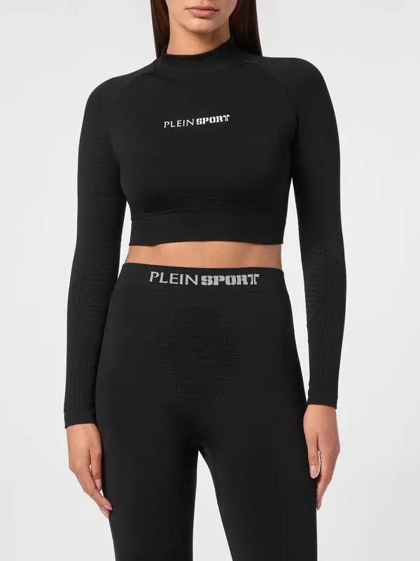 PLEIN SPORT Cropped Long-sleeve Slim Fit Sports Top In Jersey With Logo - Black