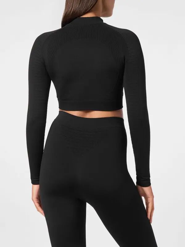 PLEIN SPORT Cropped Long Sleeve Jersey Sports Top With Logo