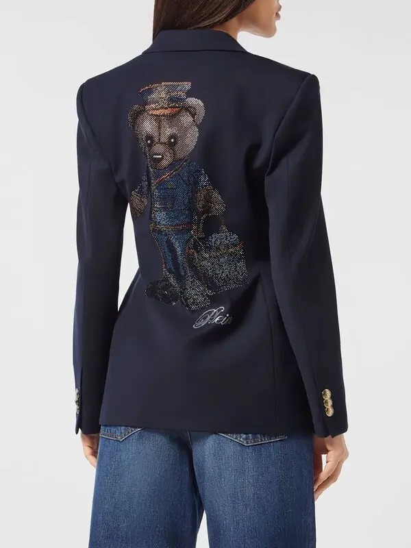 Philipp Plein Marine Double-breasted Wool Blend Blazer With Teddy Bear Print And Rhinestones